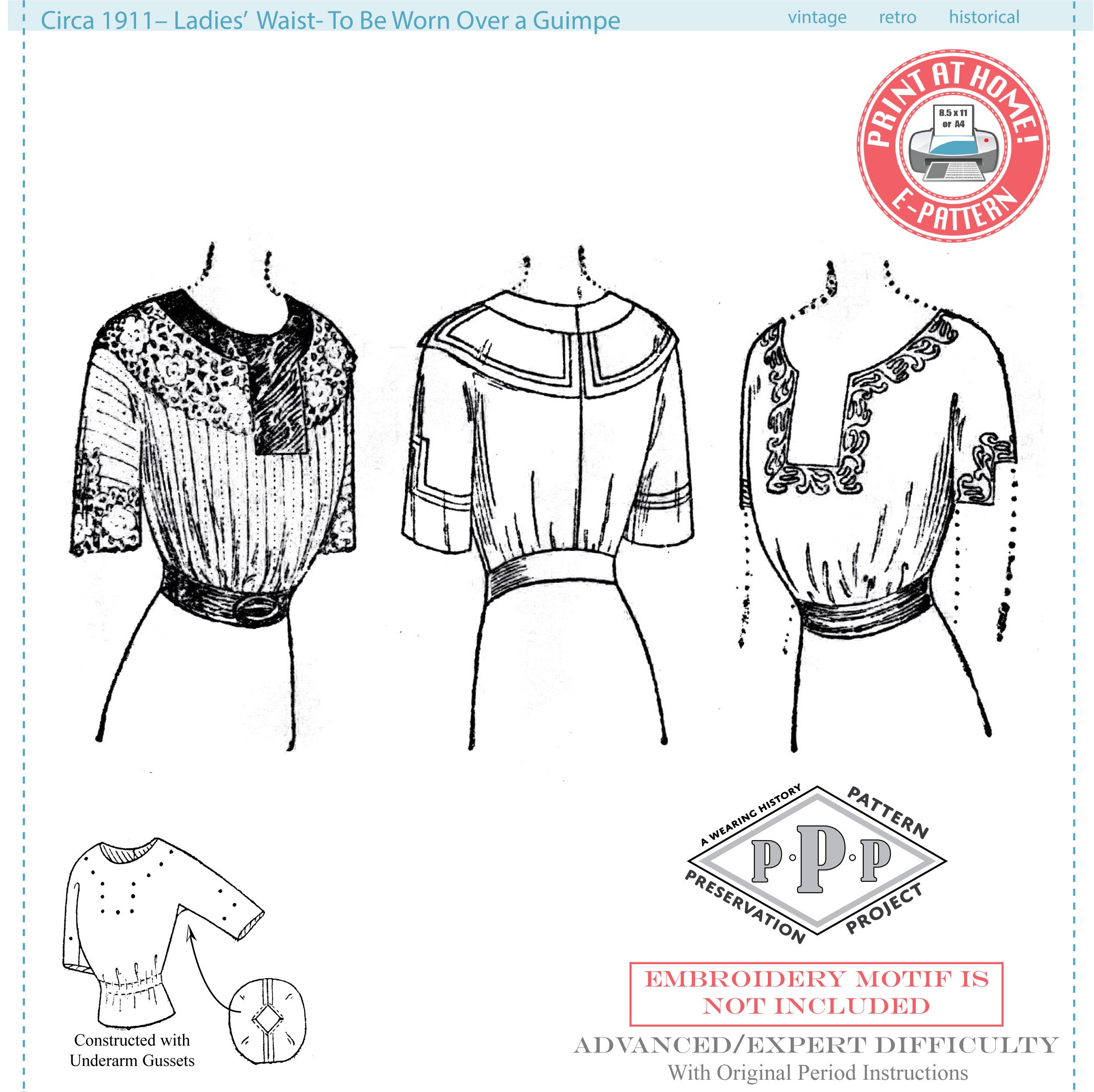 E-Pattern- Circa 1911 Ladies' Blouse to Be Worn Over a Guimpe- Size 32 ...