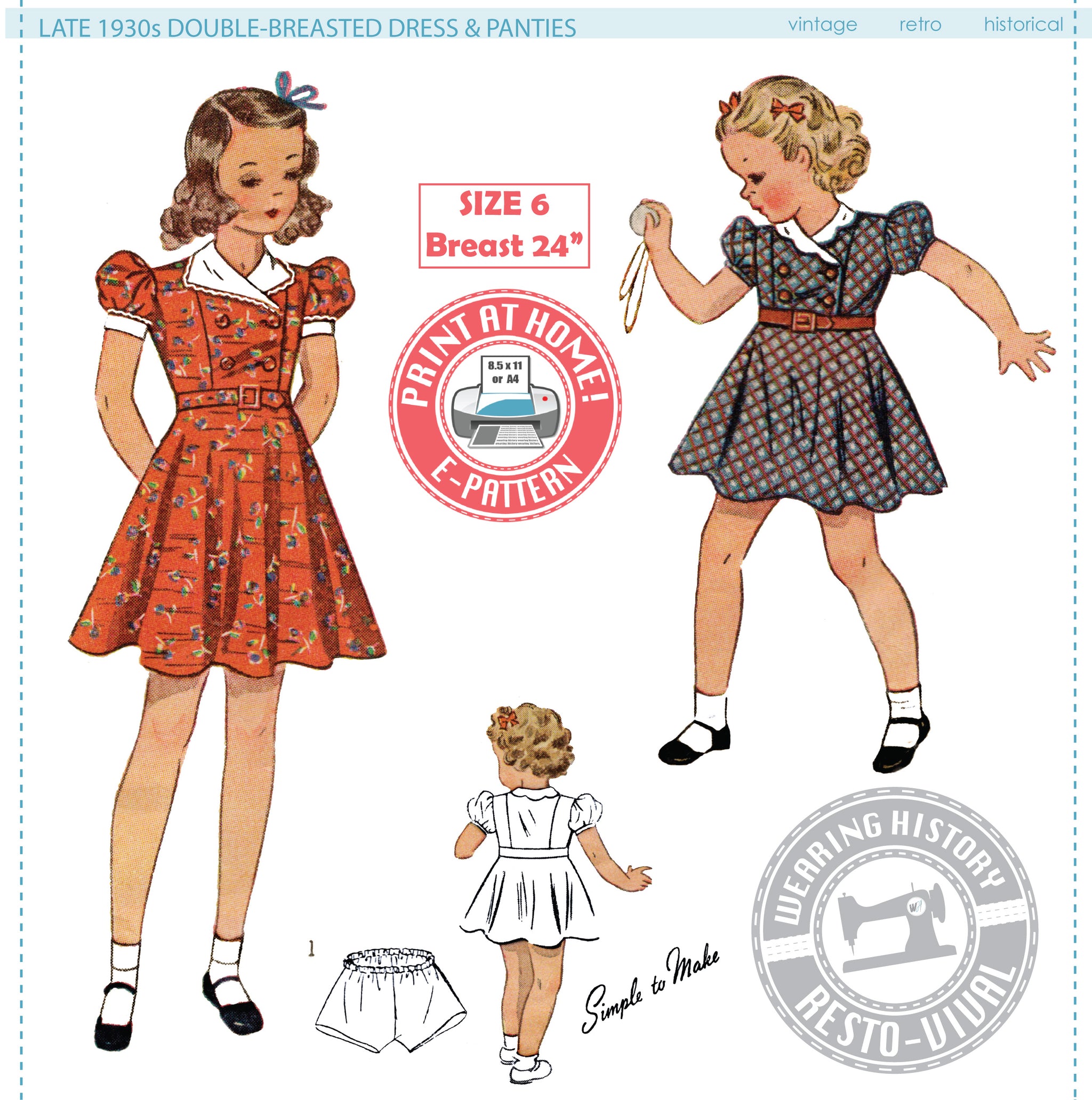 E-Pattern- Late 1930's Girl's Size 6 Double Breasted Dress & Panties ...