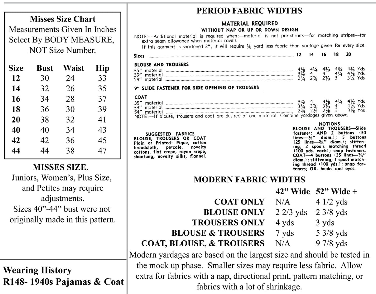 E-Pattern- Early 1940s Pajamas & Coat Pattern- Sizes 30-44" Bust ...